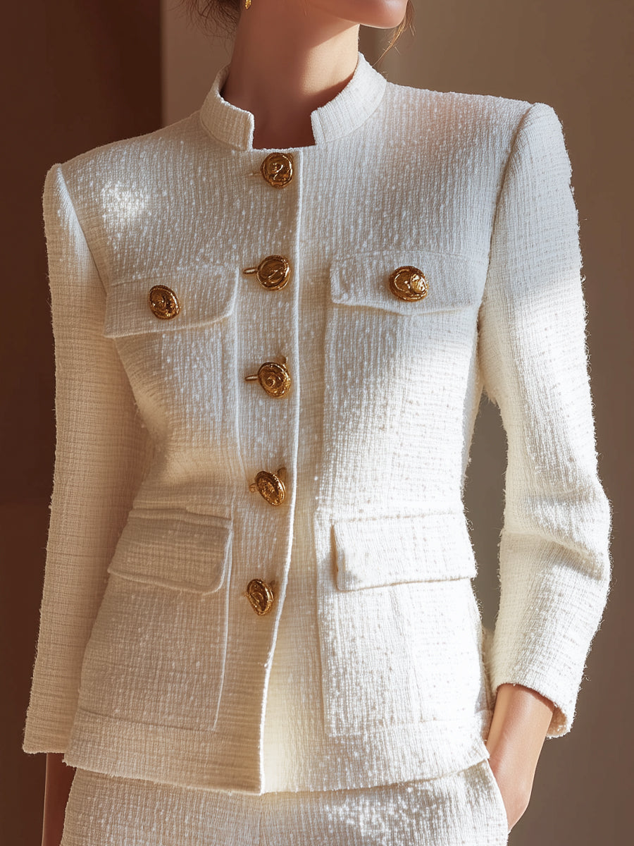 Ivory Tweed Jacket With Gold Medallion Buttons – Crovaya