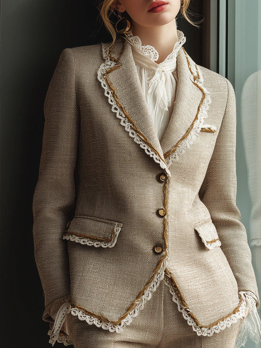 Beige Lace-Trim Tweed Blazer With Gold Braid Accents – Crovaya